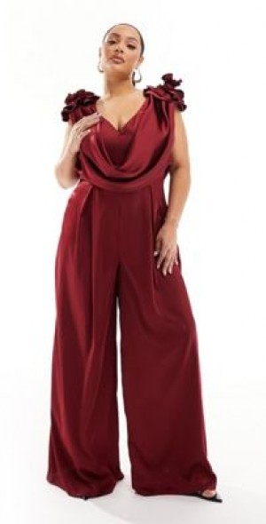 ASOS LUXE - Curve satin corsage plunge neck wide leg jumpsuit in ...