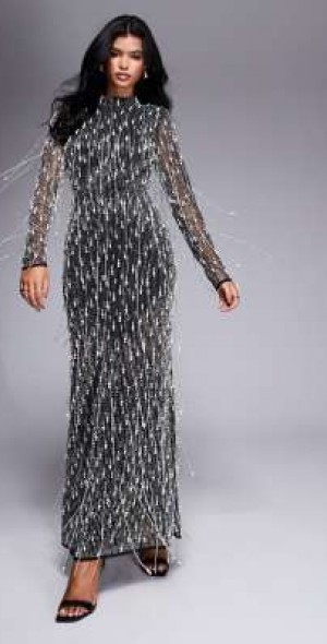 ASOS LUXE - drop pearl embellished maxi dress in black