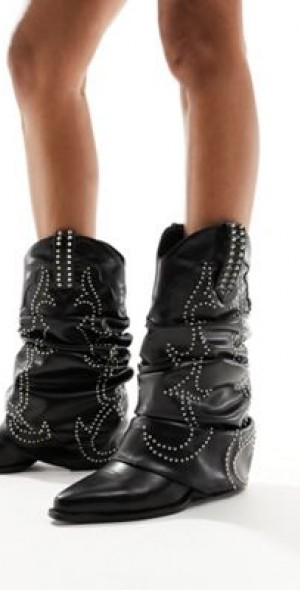 AZALEA WANG - Azalea Wang Rune studded foldover western boots in black