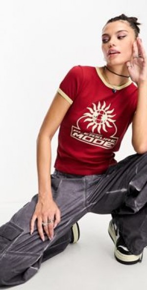 Basic Pleasure Mode - EDM motif ringer T-shirt in red and stone