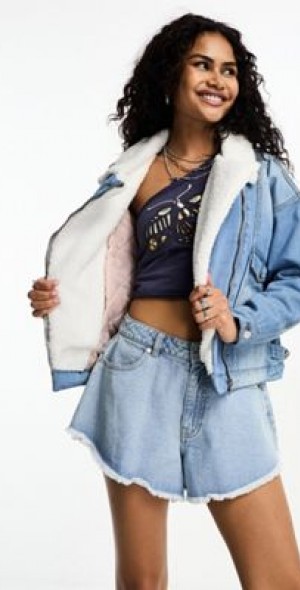 Bolongaro Trevor - shearling trim denim bomber jacket in blue