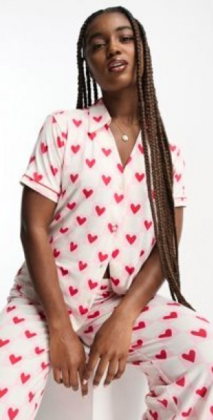 Chelsea Peers - wide leg pajama set in red checkerboard heart print