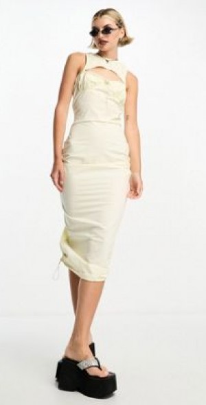 Collusion - COLLUSION cut out column midi dress in light yellow-Neutral