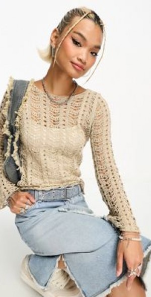 Daisy Street - ladder overlay knit sweater-White