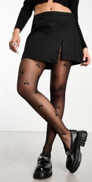 Daisy Street - sheer cherry print tights in black