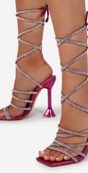 EGO - Ego Hasta heeled sandals with crystal straps in pink metallic croc