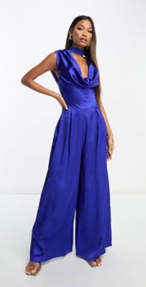 First Distraction - The Label cowl neck jumpsuit in cobalt-Blue