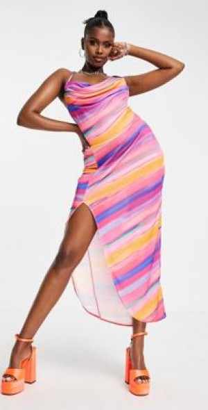 First Distraction - The Label cowl neck satin midi dress in multi print