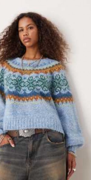 Free People - fluffy fair isle oversized sweater in blue