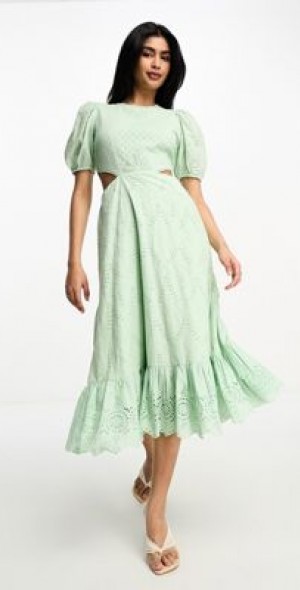 French Connection - eyelet midi dress with cut out in mint-Green