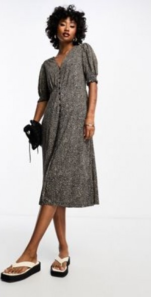 French Connection - jersey smock midi dress in leopard print-Green
