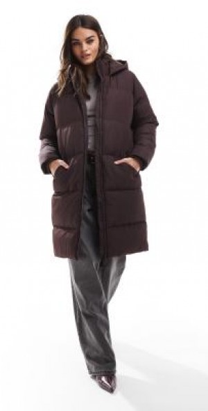 French Connection - longline puffer coat with hood in dark chocolate-Brown
