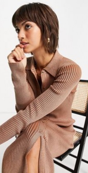 French Connection - Mari pleated maxi cardi dress in camel-Neutral