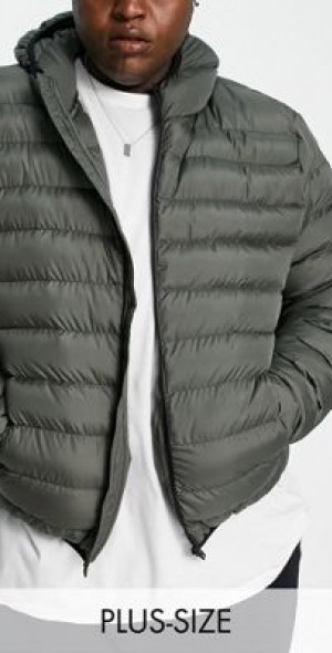 French Connection - Plus puffer jacket with hood in khaki-Green