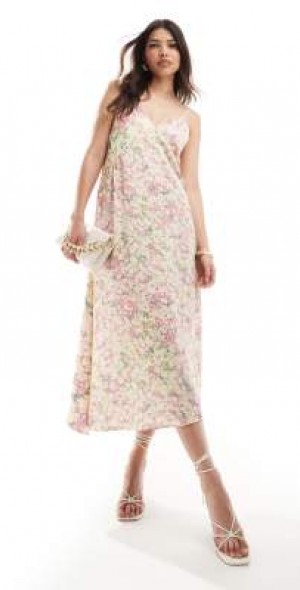 French Connection - satin cami midi dress in ditsy floral-Multi