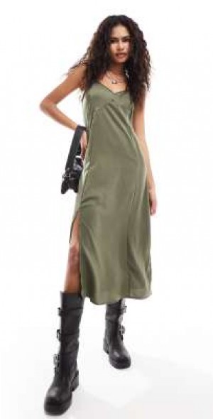 French Connection - satin midi slip dress in khaki-Green