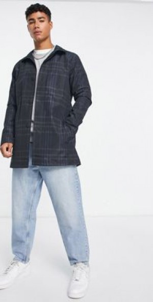 French Connection - trench coat in marine plaid-Navy