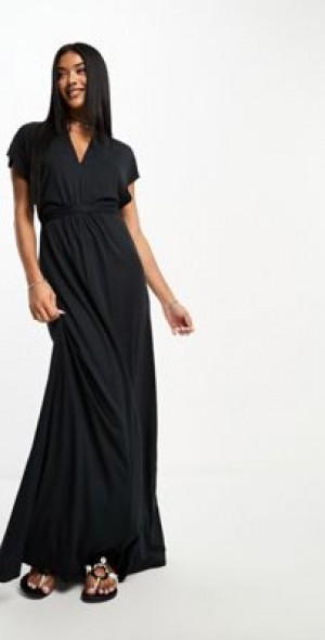French Connection - v-neck jersey maxi dress in black-Green