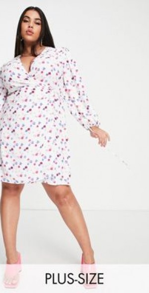 Glamorous Curve - wrap mini dress in white floral