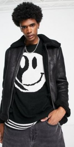 Good For Nothing - shearling aviator jacket in black faux leather