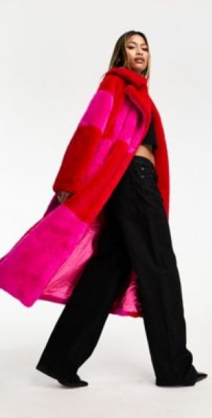 Jayley - faux fur checkerboard long coat in pink and red