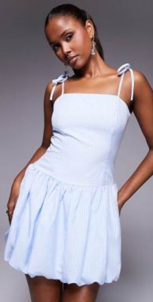 Kaiia - tie shoulder puffball mini dress in blue gingham-Multi