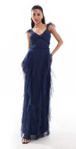 Lace & Beads - tulle ruffle maxi dress in navy
