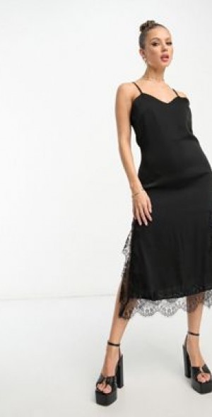 Lola May - cami strap midi dress with lace trim in black