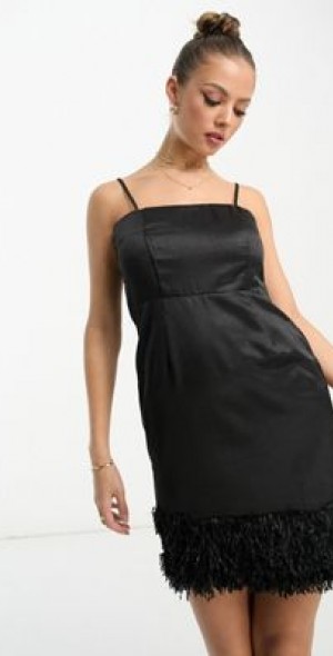 Lola May - satin cami strap mini dress with trim in black