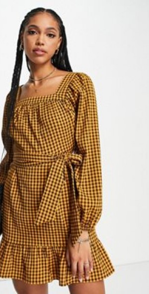 Lola May - tie waist mini dress in orange check