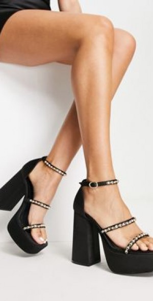 London Rebel - mega platform embellished heeled sandals in black