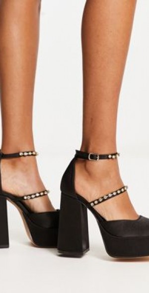 London Rebel - mega platform embellished heeled shoes in black satin