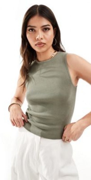 Mango - high neck tank top in sage-Green