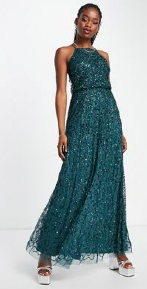 Maya - all over sequin halterneck maxi dress in emerald green