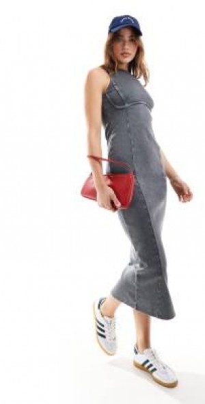 Miss Selfridge - corset racer back midi dress in washed charcoal-Gray