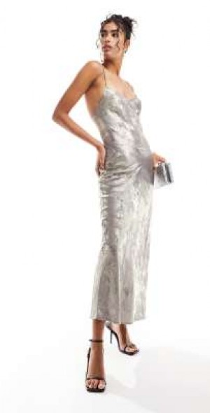 Miss Selfridge - metallic maxi slip dress in silver