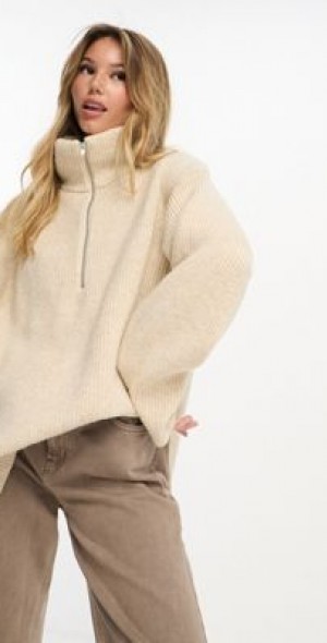 Monki - high neck ribbed zip up front knit sweater in cream-White