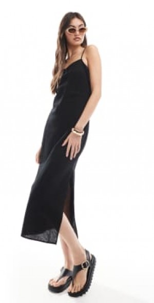 Monki - linen midaxi slip dress in black - exclusive to ASOS