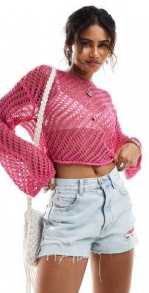 Monki - long sleeve open knit long sleeve top in pink glitter