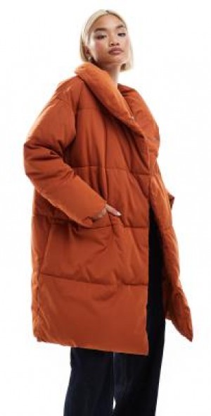 Monki - padded mid length coat in rust-Orange