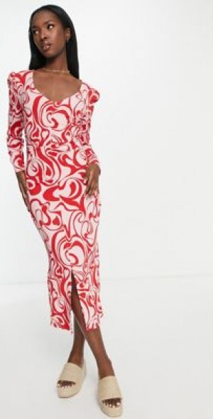 Monki - swirl print midi dress in red