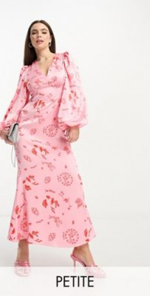 Never Fully Dressed - Petite balloon sleeve maxi dress in pink la mer print