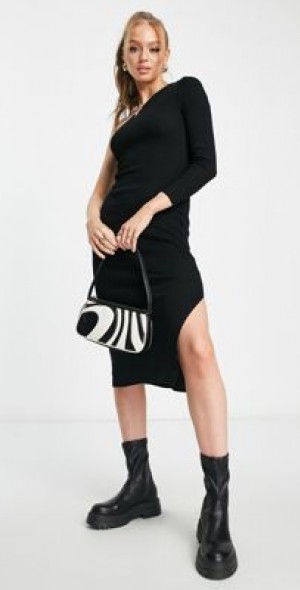 New Look - knit one shoulder midi dress in black