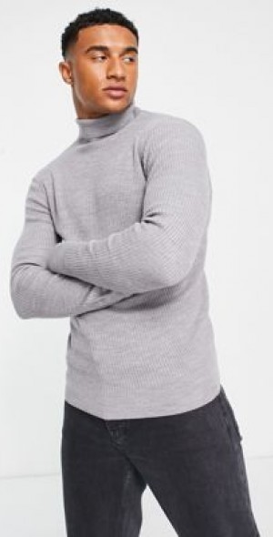 New Look - muscle fit roll neck sweater in gray