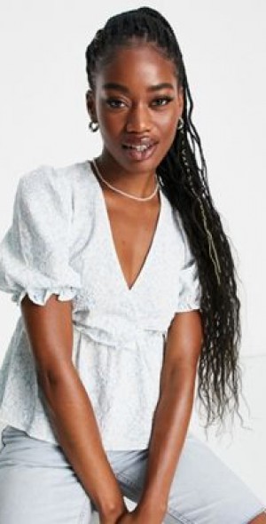 New Look - textured wrap peplum top in blue pattern