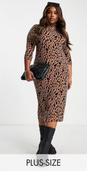 New Look Plus - New Look Curve long sleeve jersey midi dress in brown ...