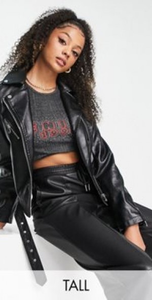 New Look Tall - belted faux leather biker jacket in black
