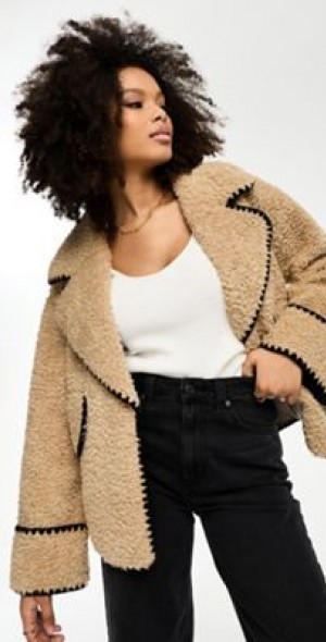 Object - borg teddy aviator jacket with contrast stitch in biscuit-Neutral