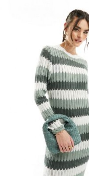 Object - crochet knit maxi dress in sage green multi stripe