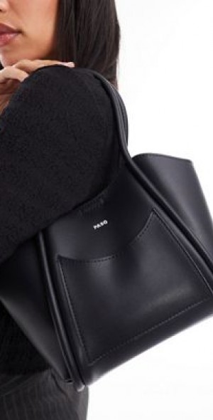 PASQ - small grab tote bag with front pocket in black